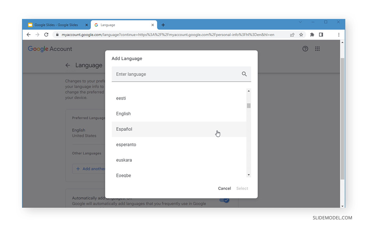 04-select-language-in-google-slides-interface - SlideModel