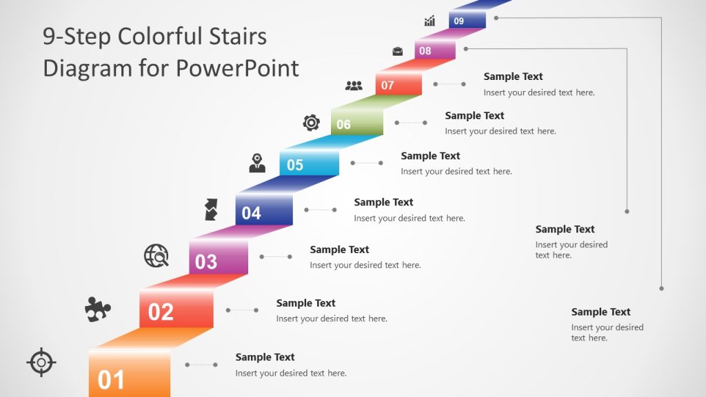 9-Step Colorful Stairs PPT Diagram Template - SlideModel 9-Step Colorful Stairs PPT Diagram Template - SlideModel