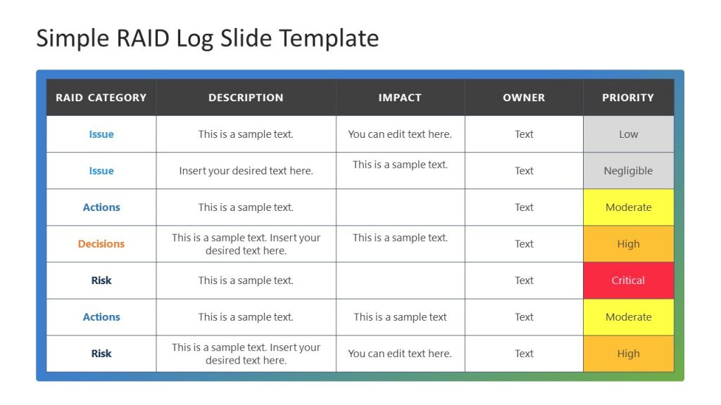 RAID Log Editable Matrix Slide - SlideModel