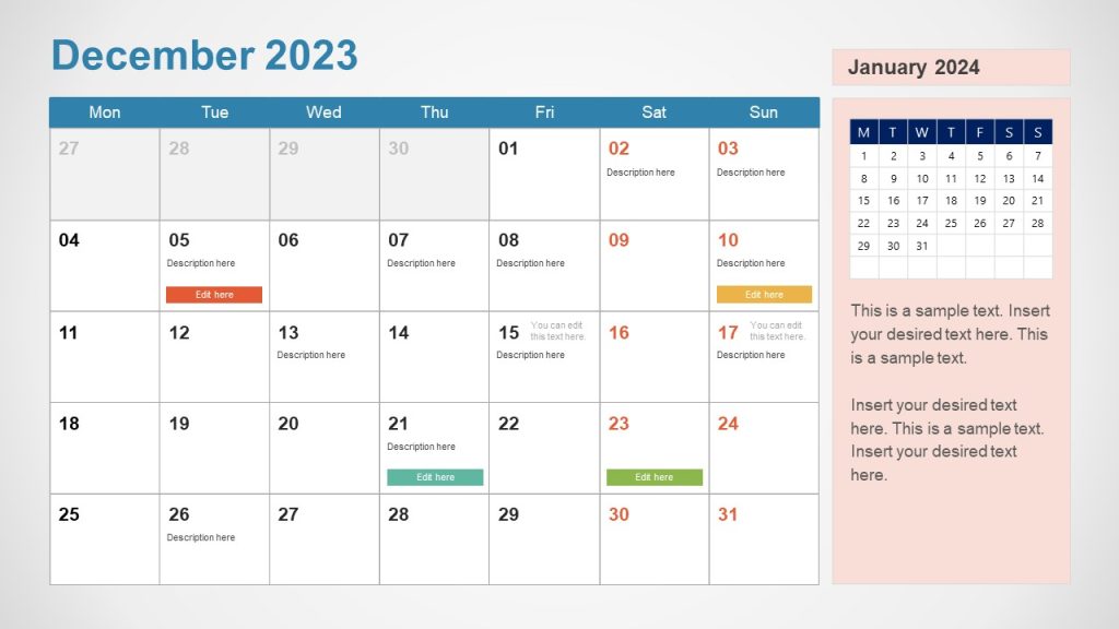 Editable Calendar Presentation Slide Template for December Month ...