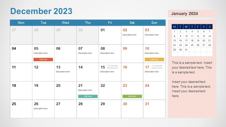 Editable Calendar Presentation Slide Template for December Month ...