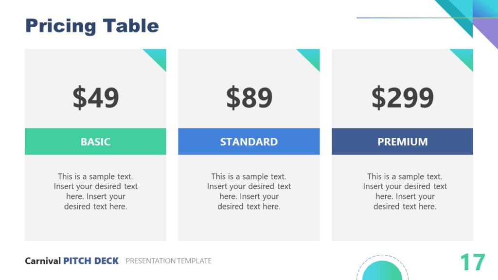 Carnival Pitch Deck PPT Template - Pricing Table Slide - SlideModel