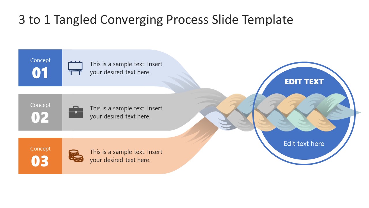 3 to 1 Tangled Converging Process Slide Template for PowerPoint