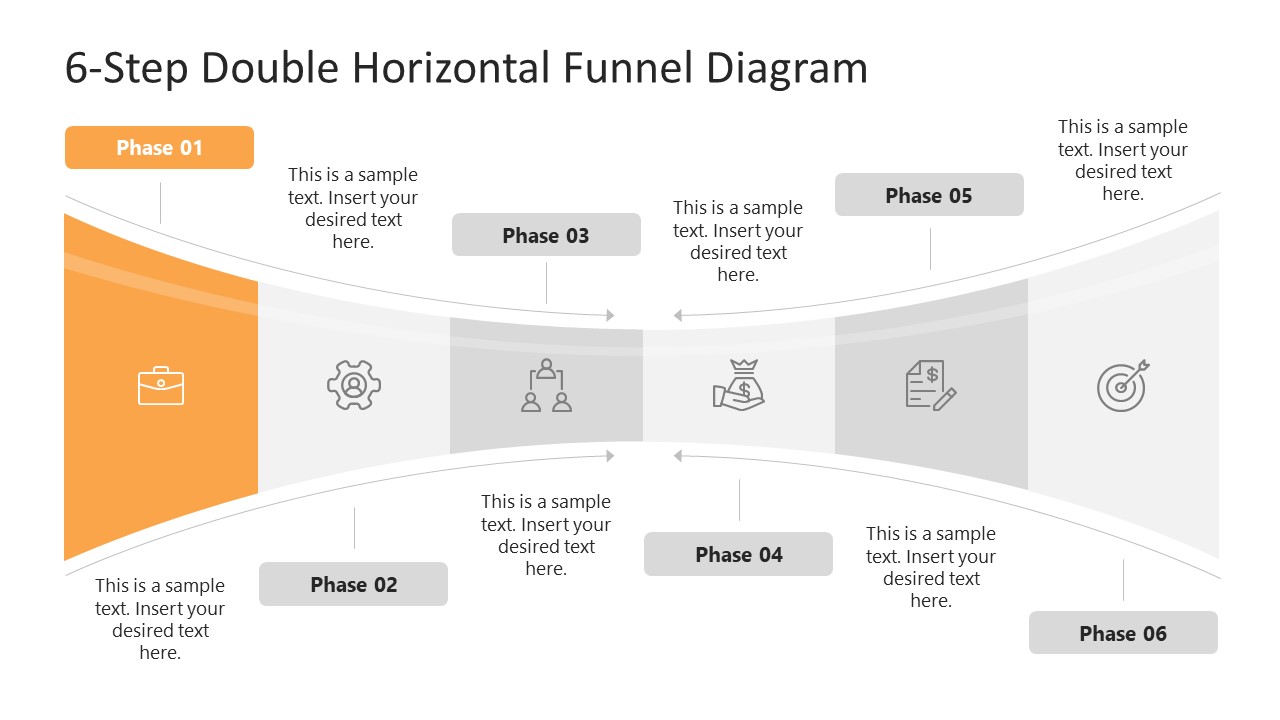 6-Step Horizontal Double Funnel Diagram PowerPoint Template