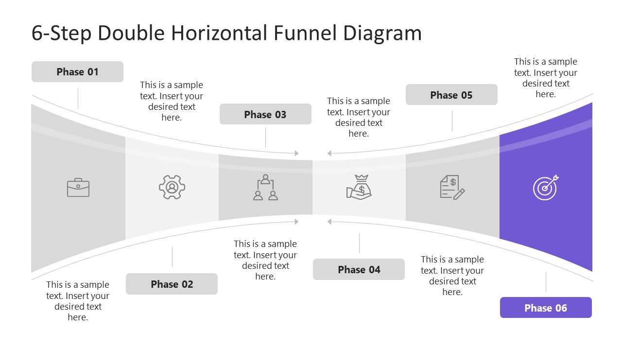 6-Step Horizontal Double Funnel Diagram PowerPoint Template