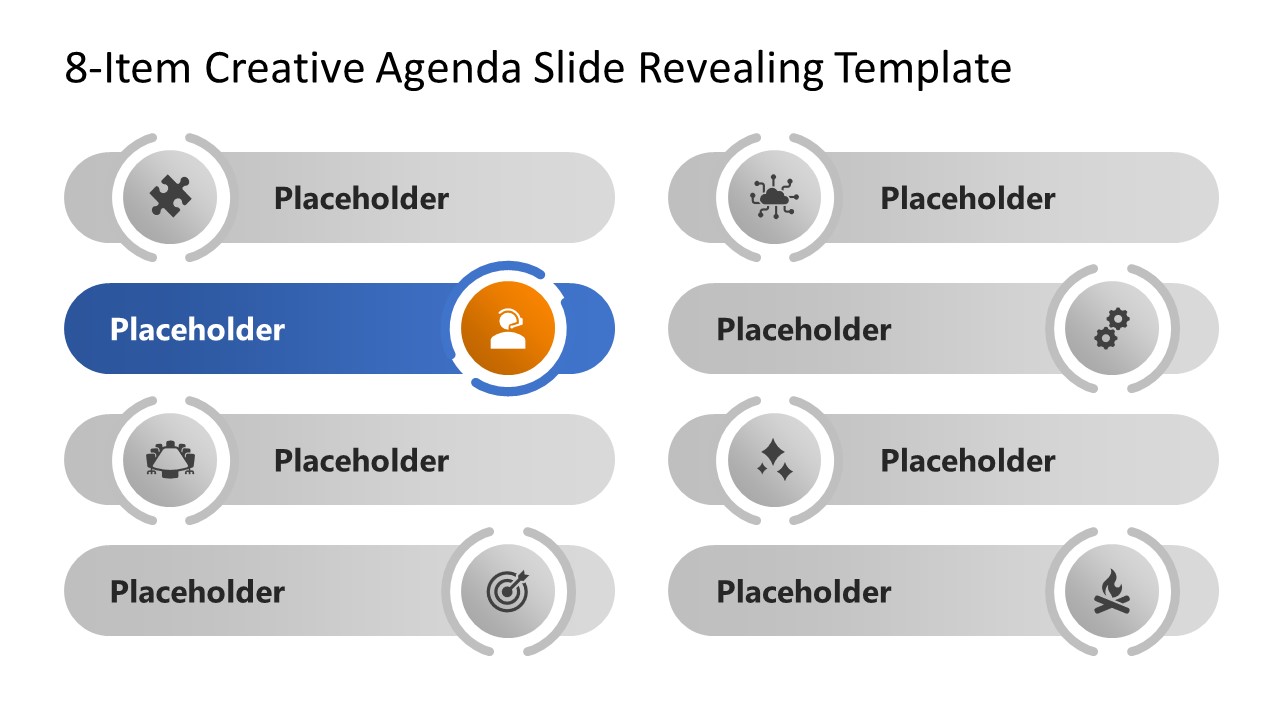8-Item Creative Agenda Slide Revealing PowerPoint Template