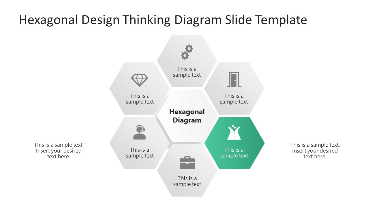 6-Item Hexagonal Design Thinking Diagram PowerPoint Template