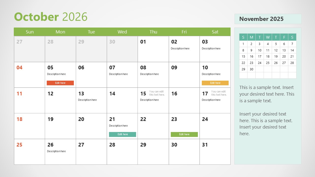 2026 Calendar PowerPoint Template With Sunday as First Day