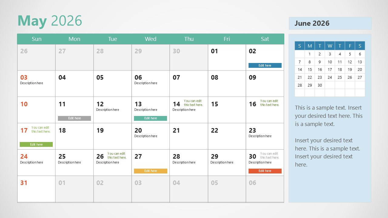2026 Calendar PowerPoint Template With Sunday as First Day