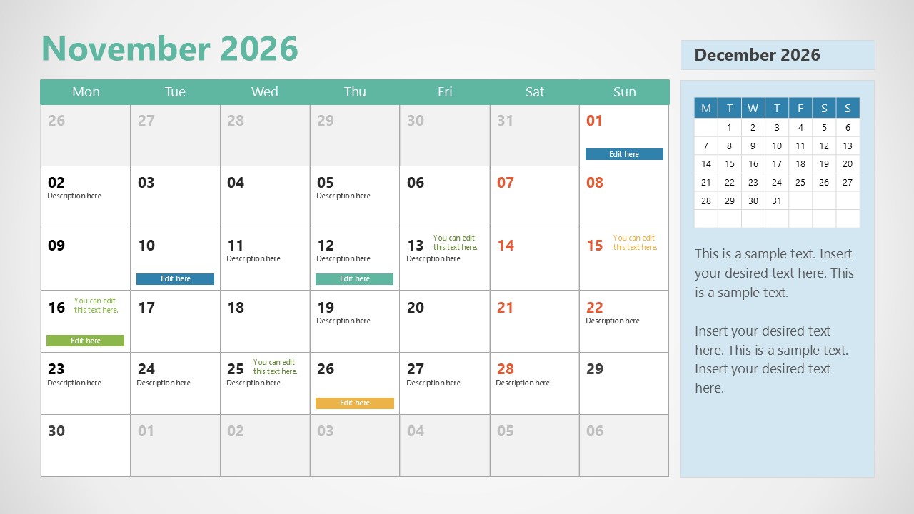 2026 Calendar PowerPoint Template With Monday as First Day