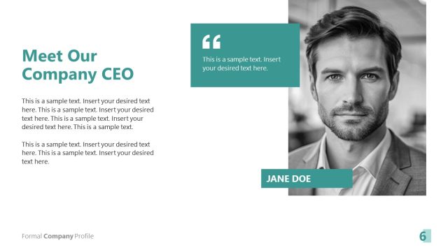 Meet Our Company CEO Slide - Formal Company Profile PPT Layout - SlideModel