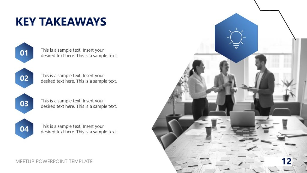 Key Takeaways Slide with Hexagon Numbers - Meetup PPT Template - SlideModel