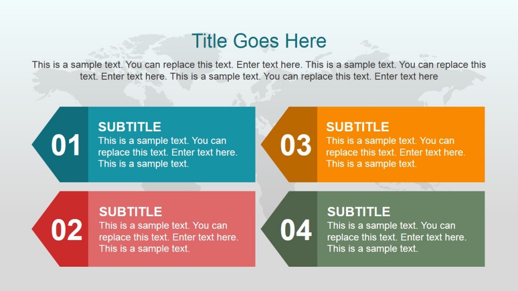4 Text Boxes with Left Arrow and World Map - SlideModel