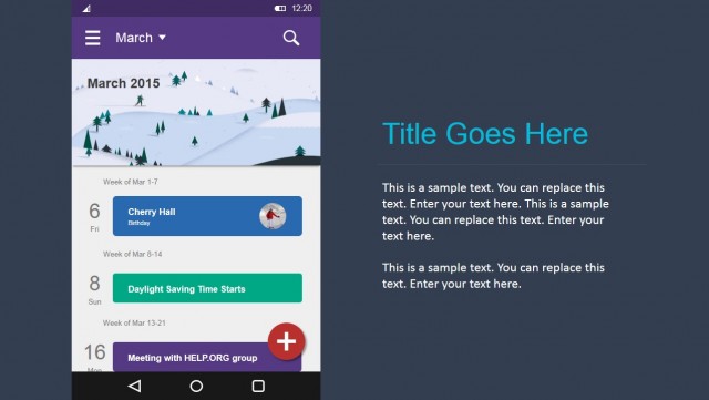 Calendar View Android Materials UI Kit in PowerPoint - SlideModel
