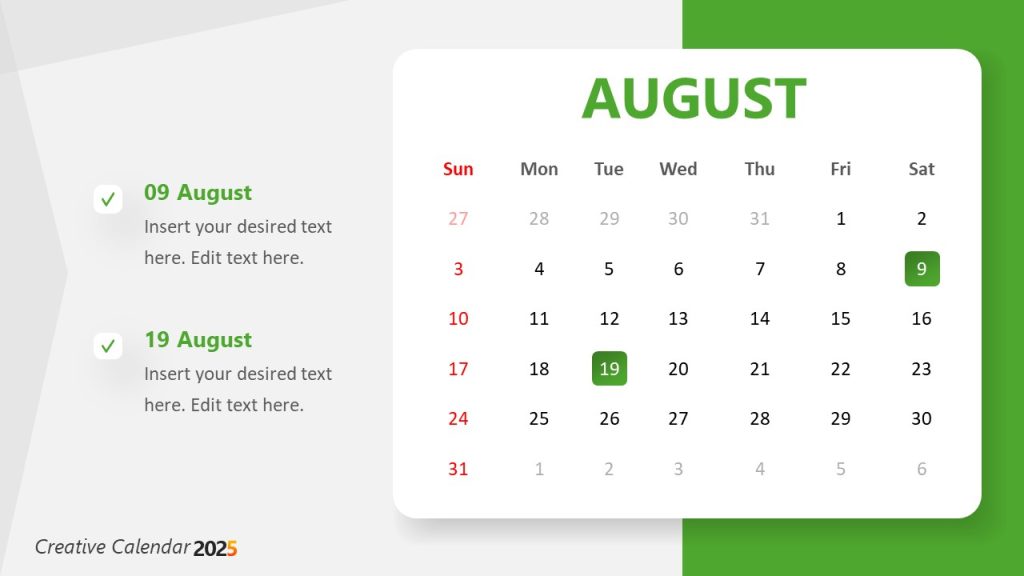August 2025 Calendar Slide for PowerPoint
