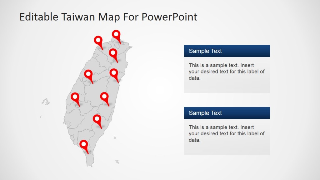 Taiwan Map with GPS Pins and Text Placeholders - SlideModel