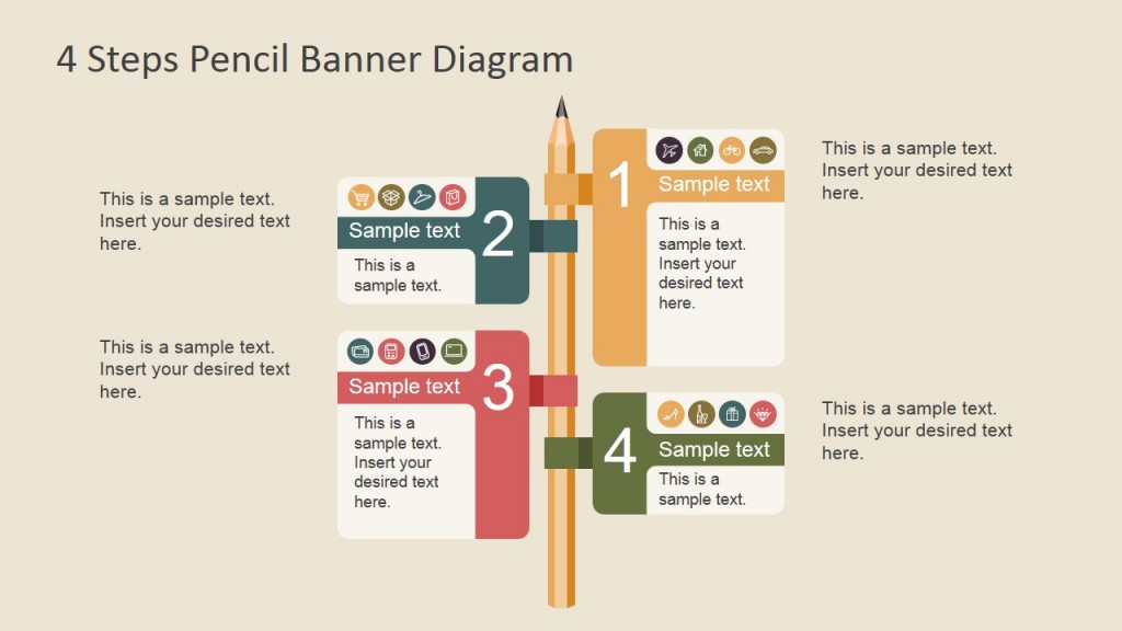 PowerPoint Pencil Shape with 4 numbered Banners - SlideModel
