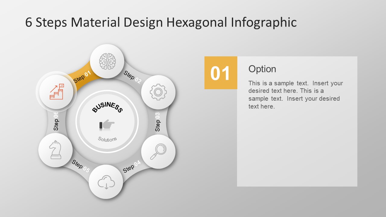 6 Step Material Design Hexagonal Infographic - SlideModel