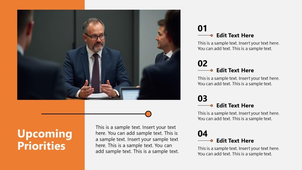 Upcoming Priorities Slide with Placeholder Text - SlideModel