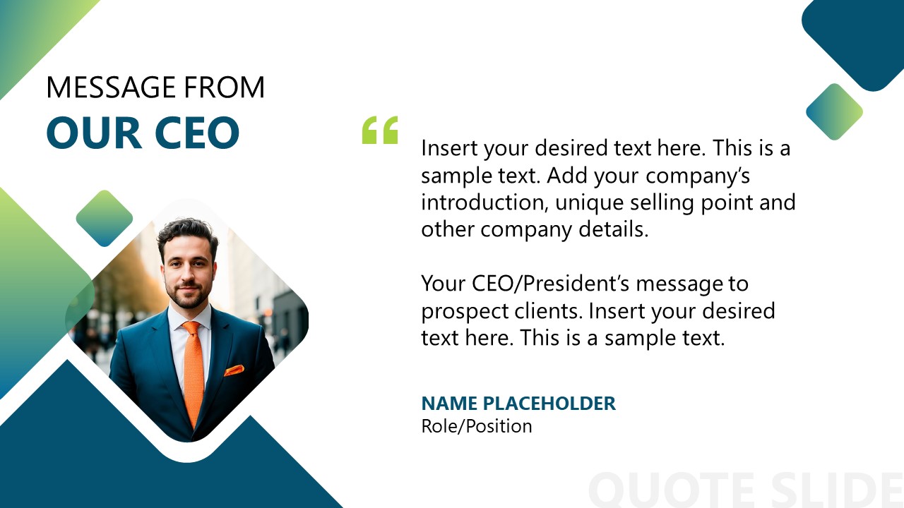 CEO Message Slide - Professional Company Profile Template - SlideModel CEO Message Slide - Professional Company Profile Template - SlideModel