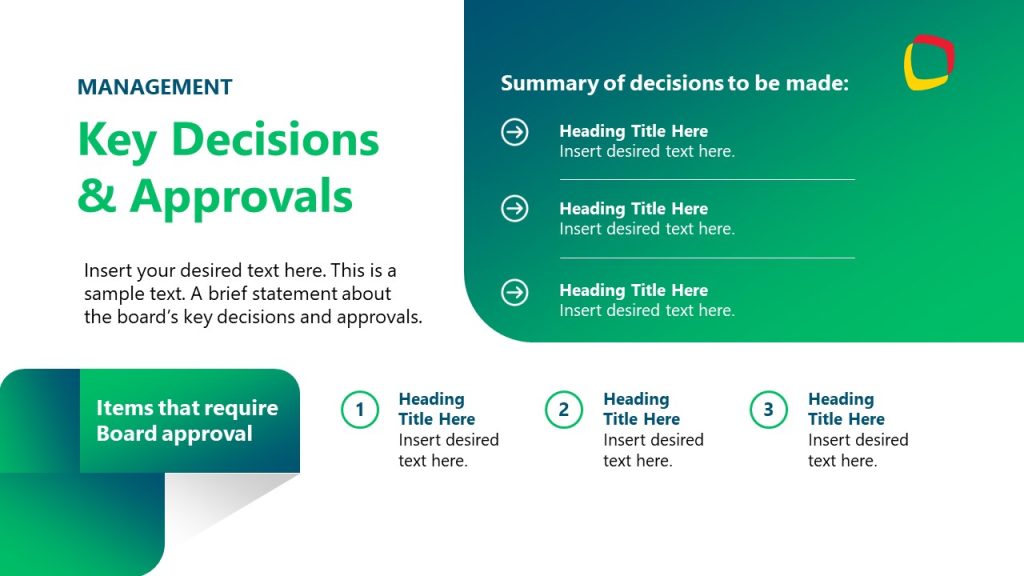 Key Decisions & Approvals with Editable Text Headings - SlideModel