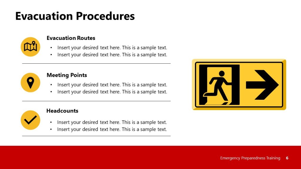 Evacuation Procedures Slide with Rows and Icons - SlideModel
