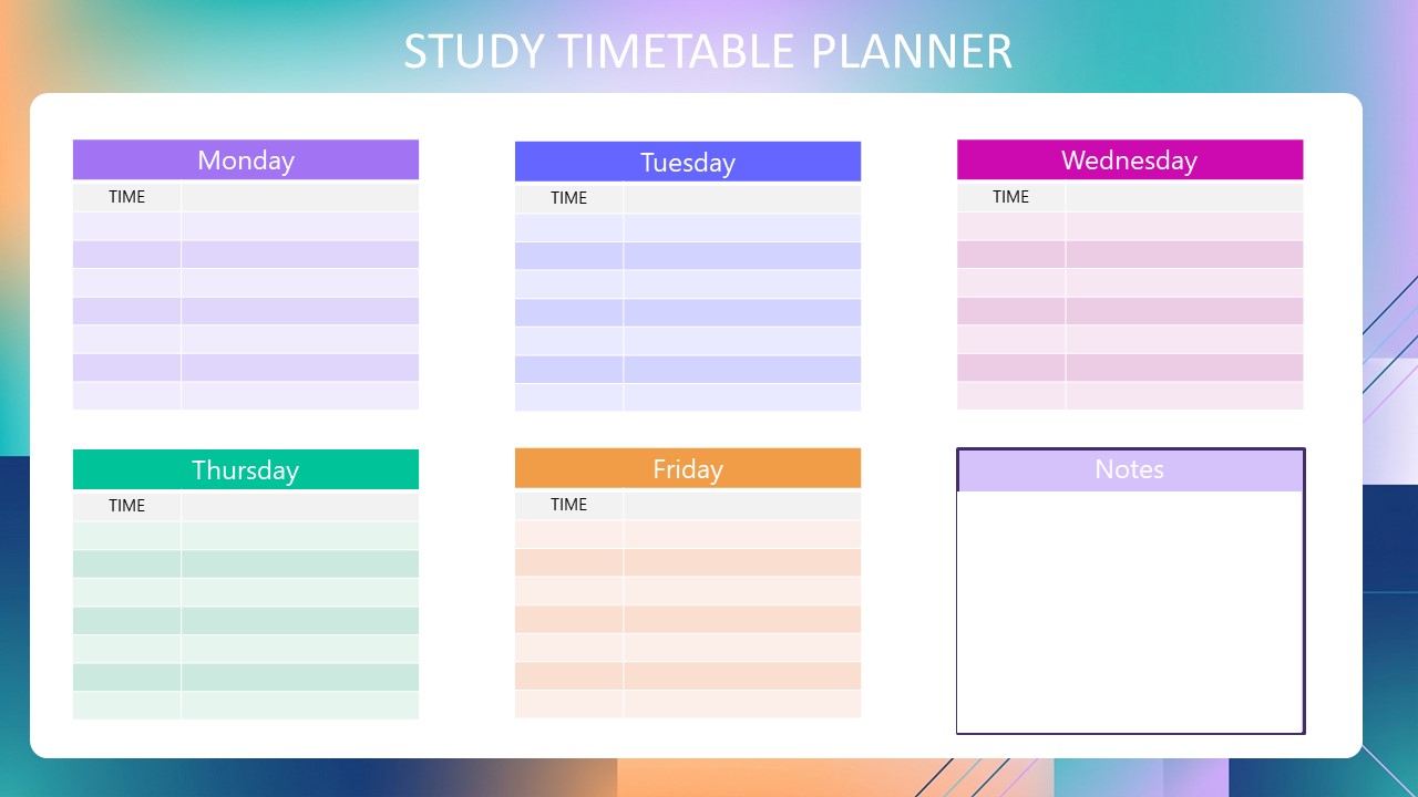 Free Hourly Study Timetable Planner PowerPoint Template